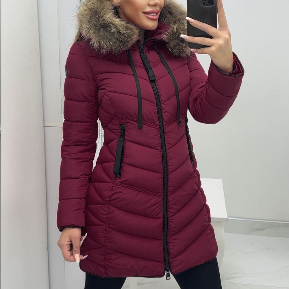 Moda Piu Anna Дълго зимно яке, естествен косъм на качулката, цвят бордо ...