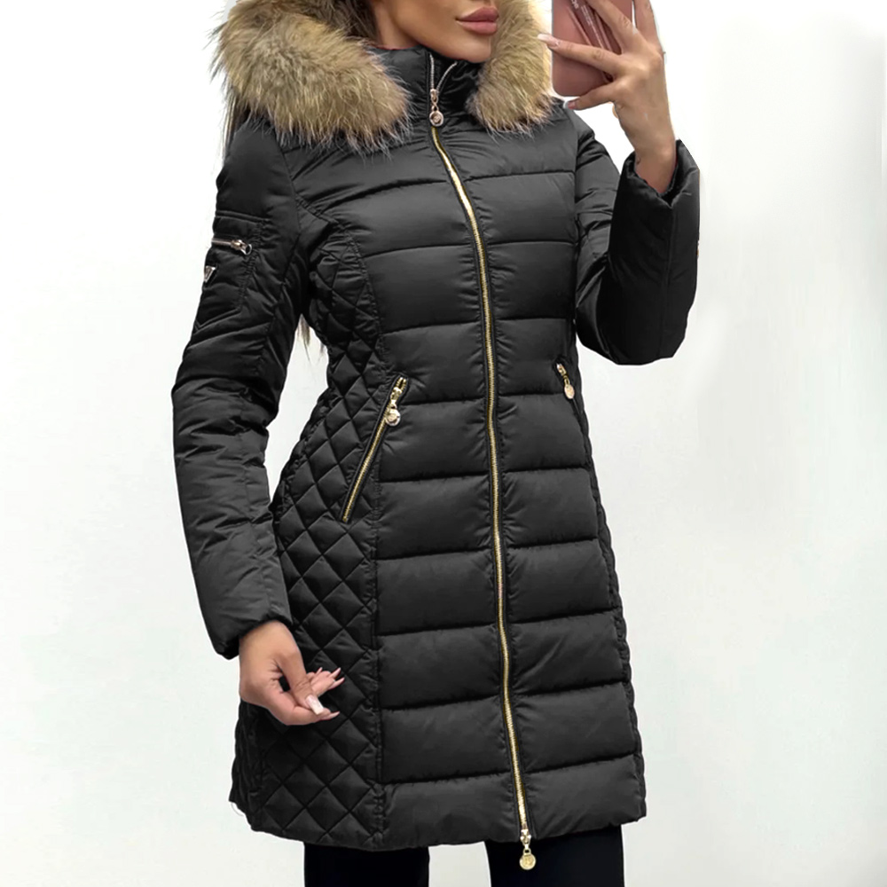 Moda Piu Anna Дълго зимно яке, естествен косъм на качулката, цвят черен ...