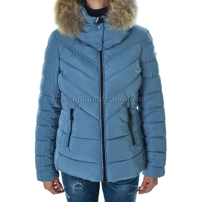 MODA PIU ANNA Дамско синьо зимно късо яке с качулка - GLAMI.bg