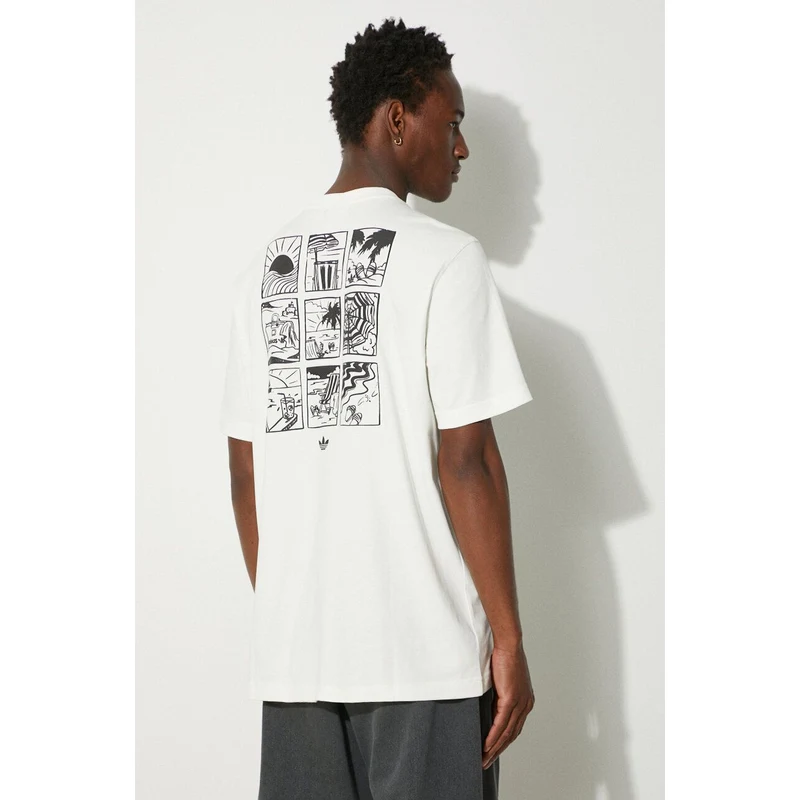 Памучна тениска adidas Originals 80s Graphic Beach Day в бежово с принт ...