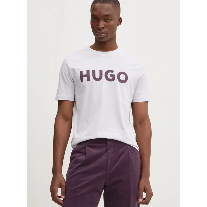 Памучна тениска HUGO в лилаво с принт 50467556 - GLAMI.bg
