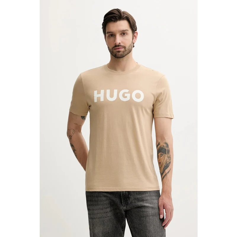 Памучна тениска HUGO в черно с принт 50467556 - GLAMI.bg