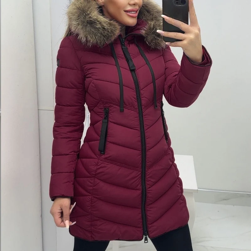 Moda Piu Anna Дълго зимно яке, естествен косъм на качулката, цвят бордо ...